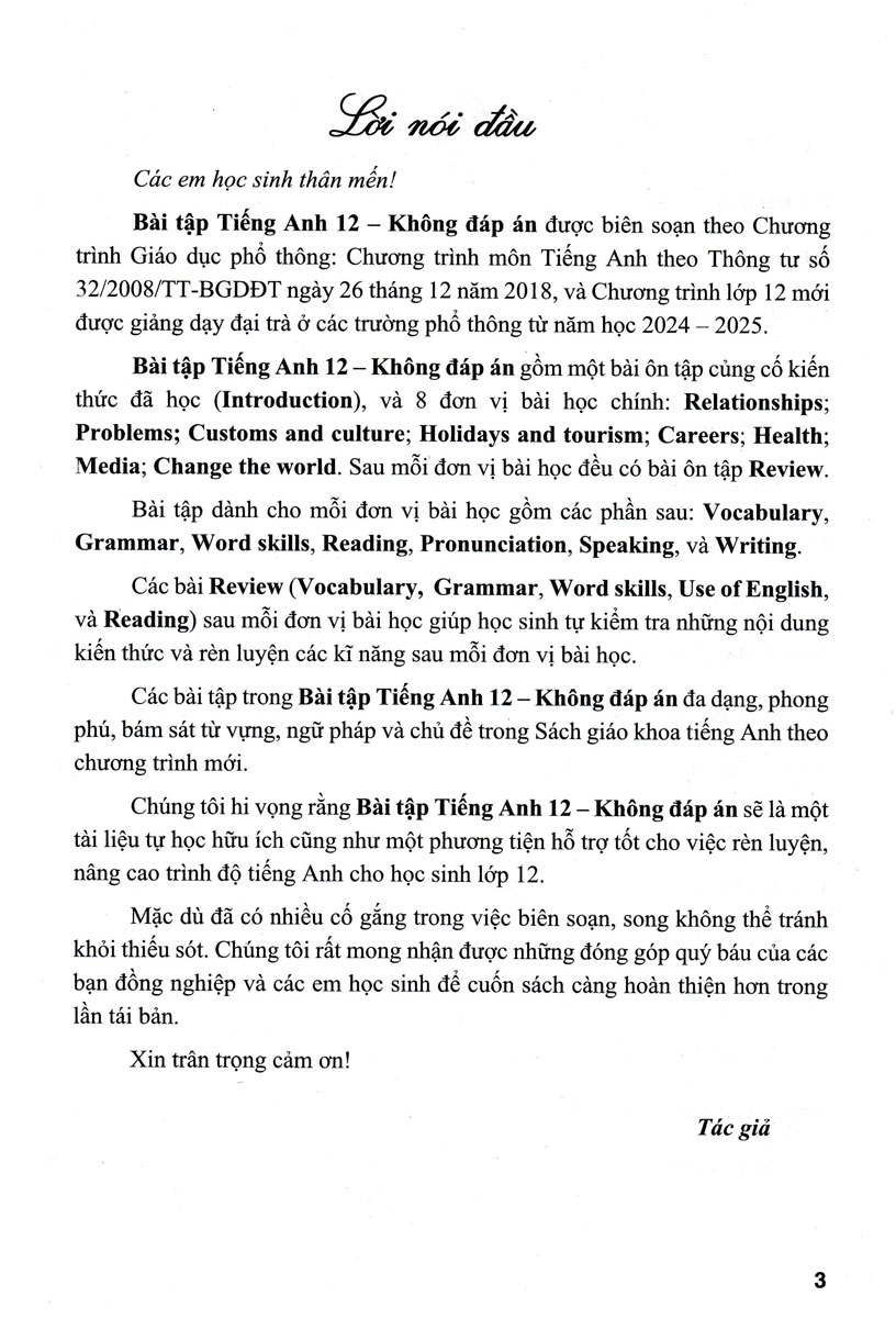 BÀI TẬP TIẾNG ANH LỚP 12 - KHÔNG ĐÁP ÁN (Dùng kèm SGK Tiếng Anh 12 ...