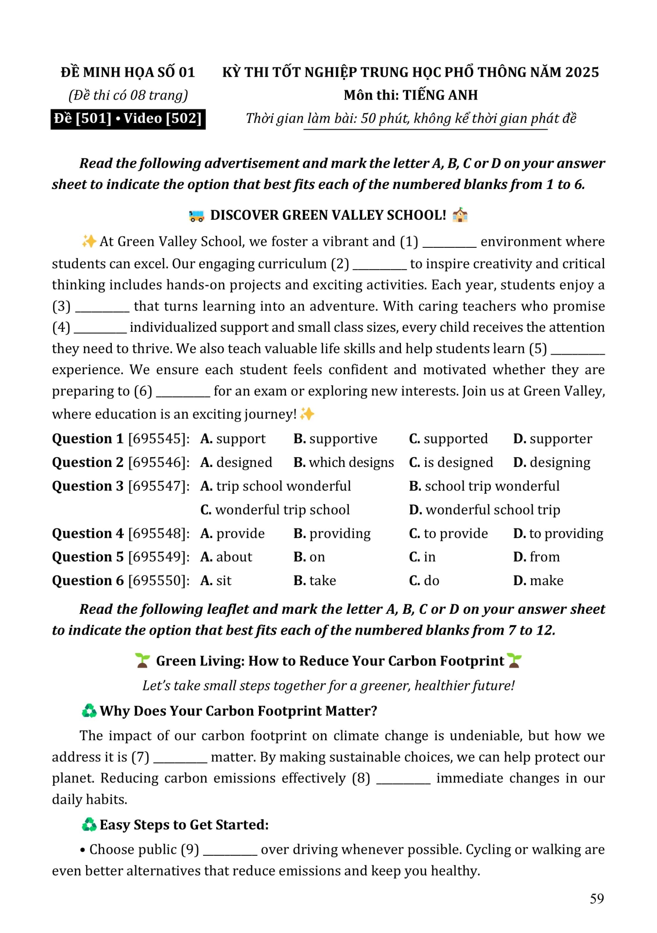 50 ĐỀ MINH HỌA TỐT NGHIỆP THPT 2025 MÔN TIẾNG ANH; 50 ĐỀ MINH HỌA TỐT NGHIỆP THPT 2025 MÔN TIẾNG ANH